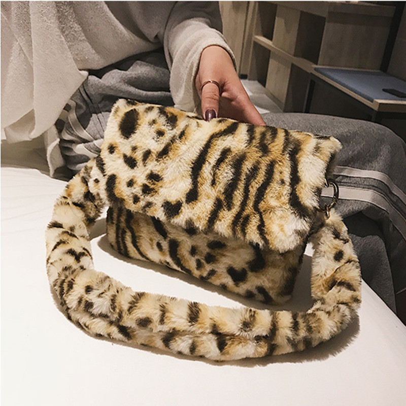 New Women Winter Faux Fur Shoulder Bag Handbag lady Leopard print ...