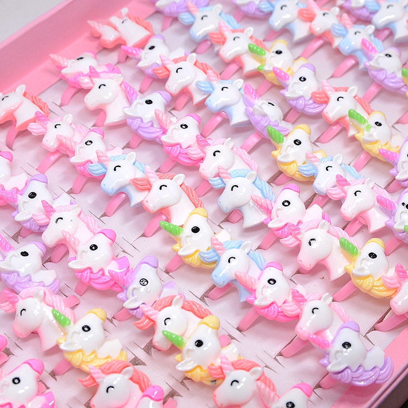 12pc/lot Acrylic Cartoon Unicorn Horse Kids Finger Rings Party Favors ...