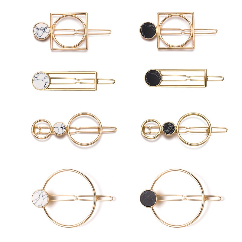 2pcs Girls Metal Circle Square Hair Clips Natural Stone Hairpins ...