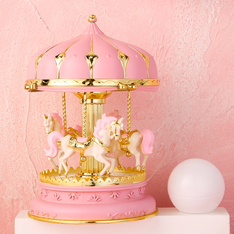 Wooden LED Carousel Music Box Carousel Decoration Luminous Round Music Box